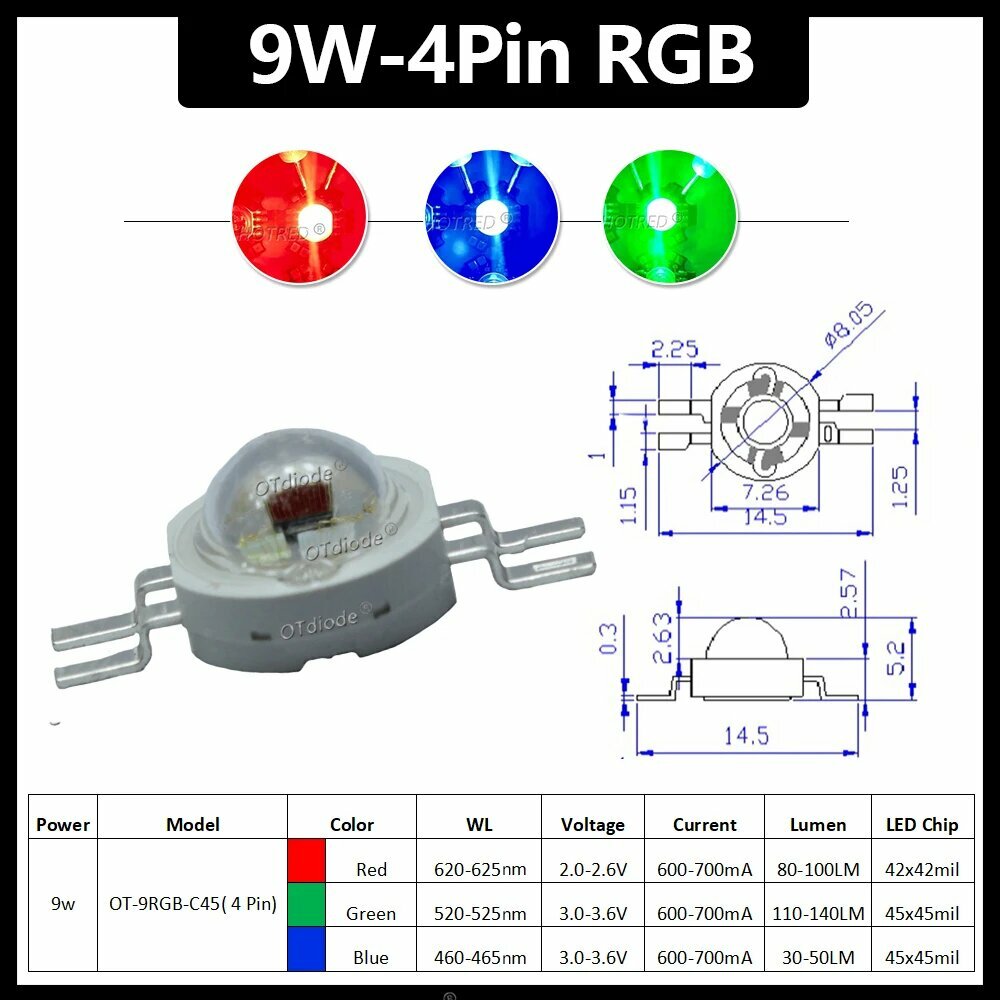 9W RGB LED 4pin, 4pin 9W RGB, 1Pieces