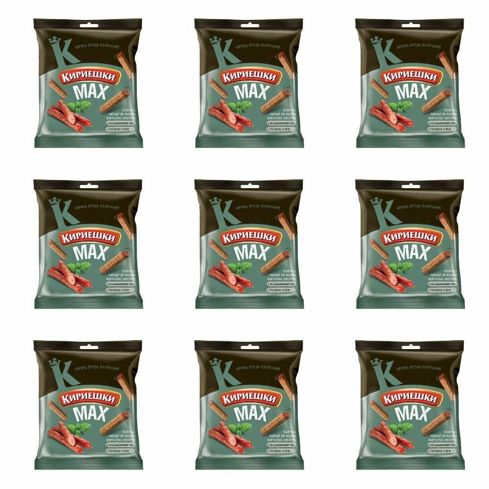 Кириешки Сухарики Max, со вкусом охотничьих колбасок, 40 г, 9 уп.