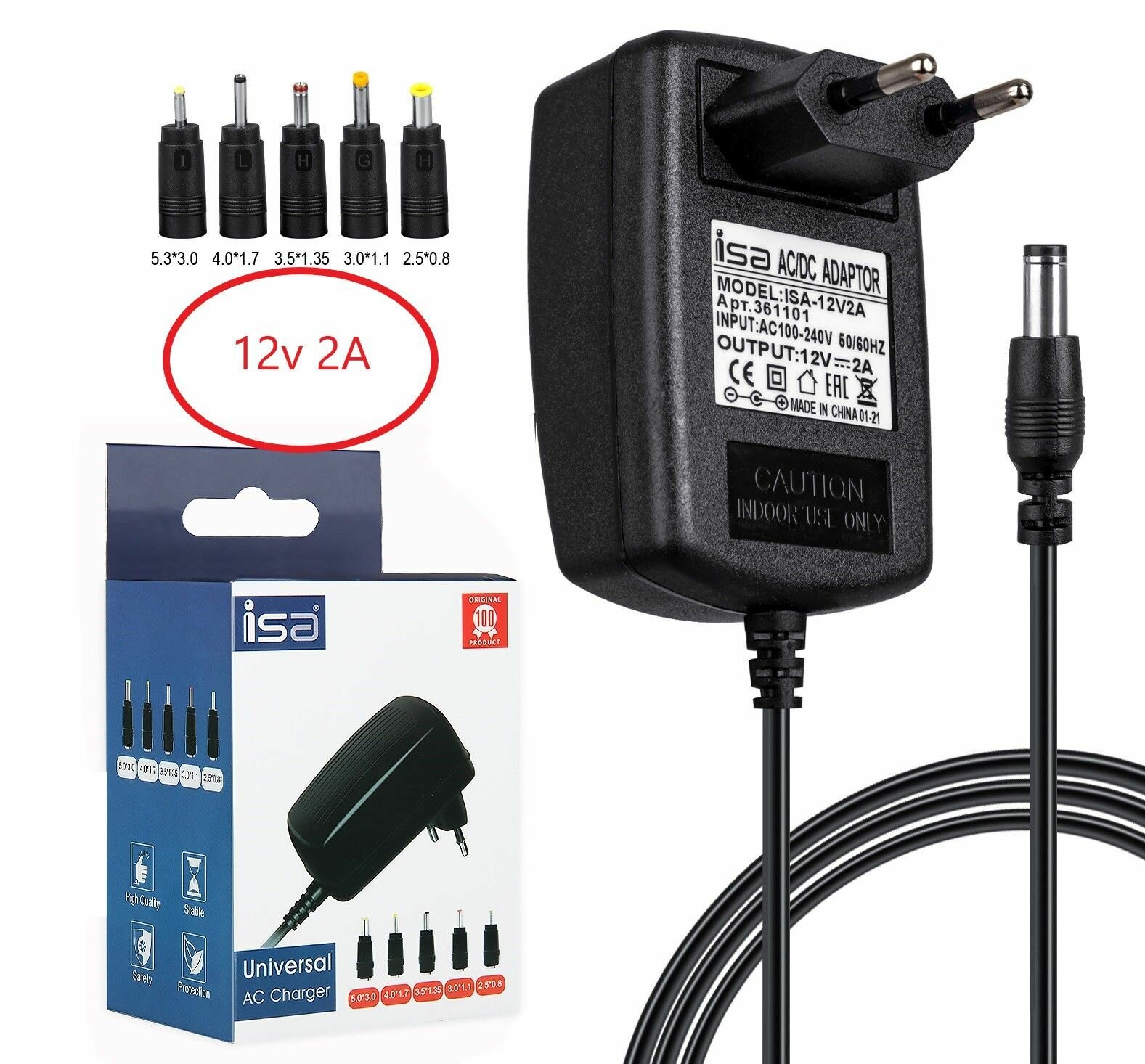 Универсальный блок питания 12V 2A 5.5*2.5 сетевой с адаптером c 5 насадками / зарядное устройство