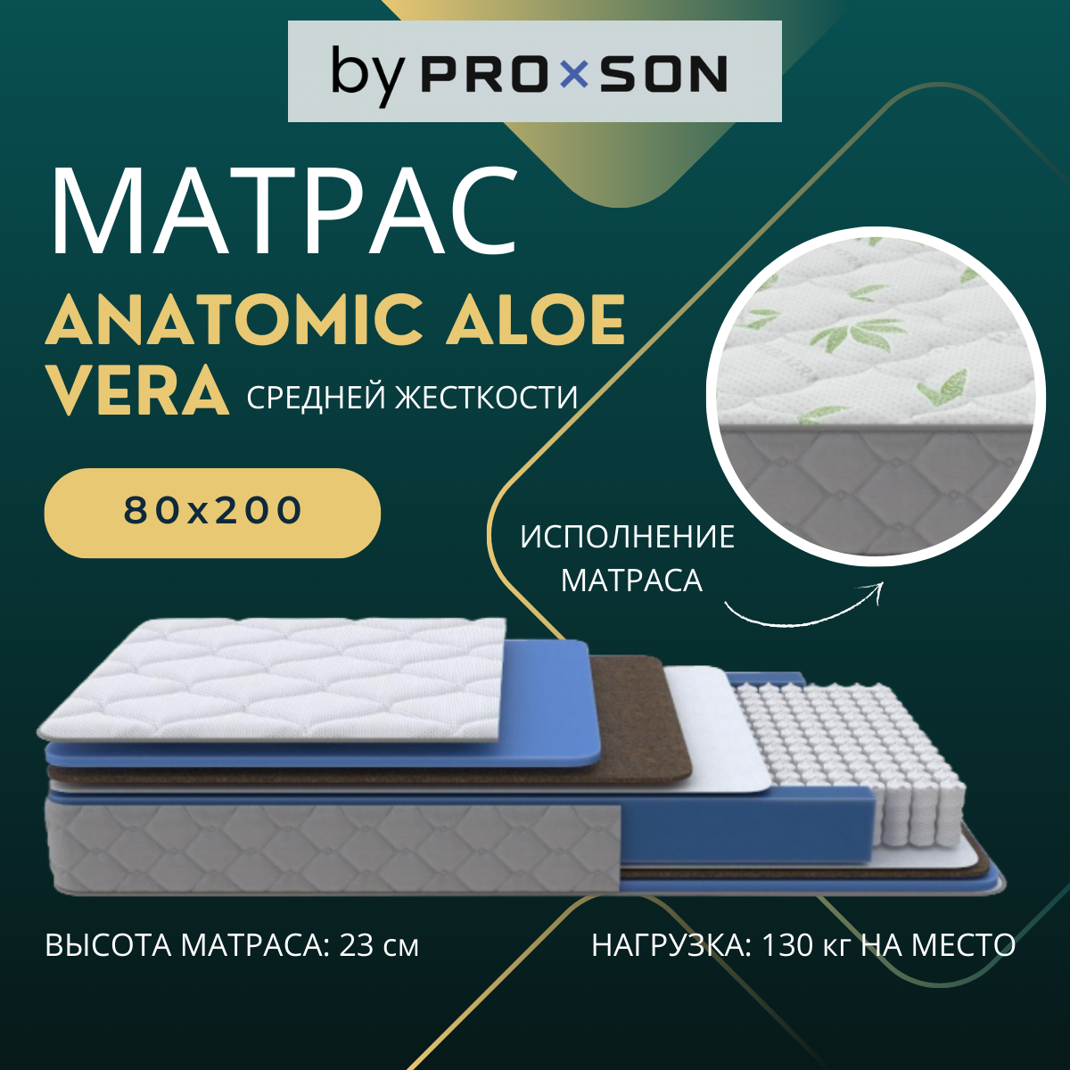 Матрас ортопедический 80х200 by PROxSON Anatomic Aloe Vera, Средней жесткости на основе независимого пружинного блока