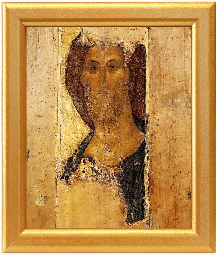Спас Вседержитель, Андрей Рублев, 1410 г, икона в широкой деревянной рамке 21,5*25 см
