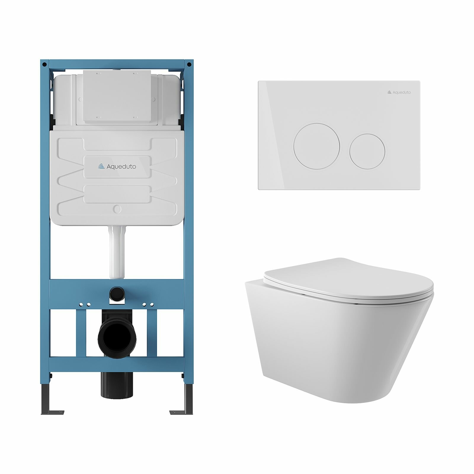 Комплект: Aqueduto TECNICA Система инсталляции для подвесного унитаза, CIRCULO Панель смыва, белый глянцевый, CONE Унитаз подвесной 525*360 безободковый, сиденье с микролифтом