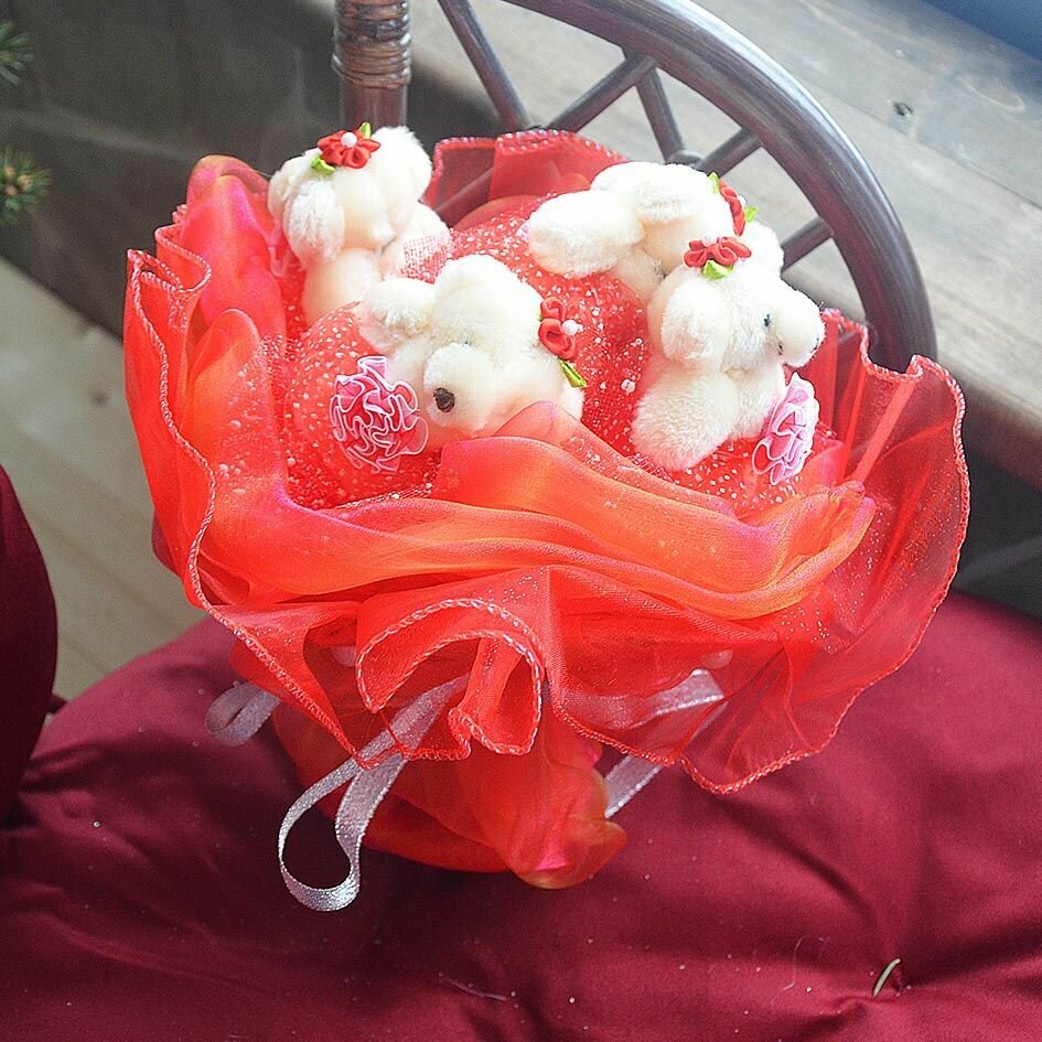 Букет, 35 см, на подставке, Мишки-девочки с бантиками