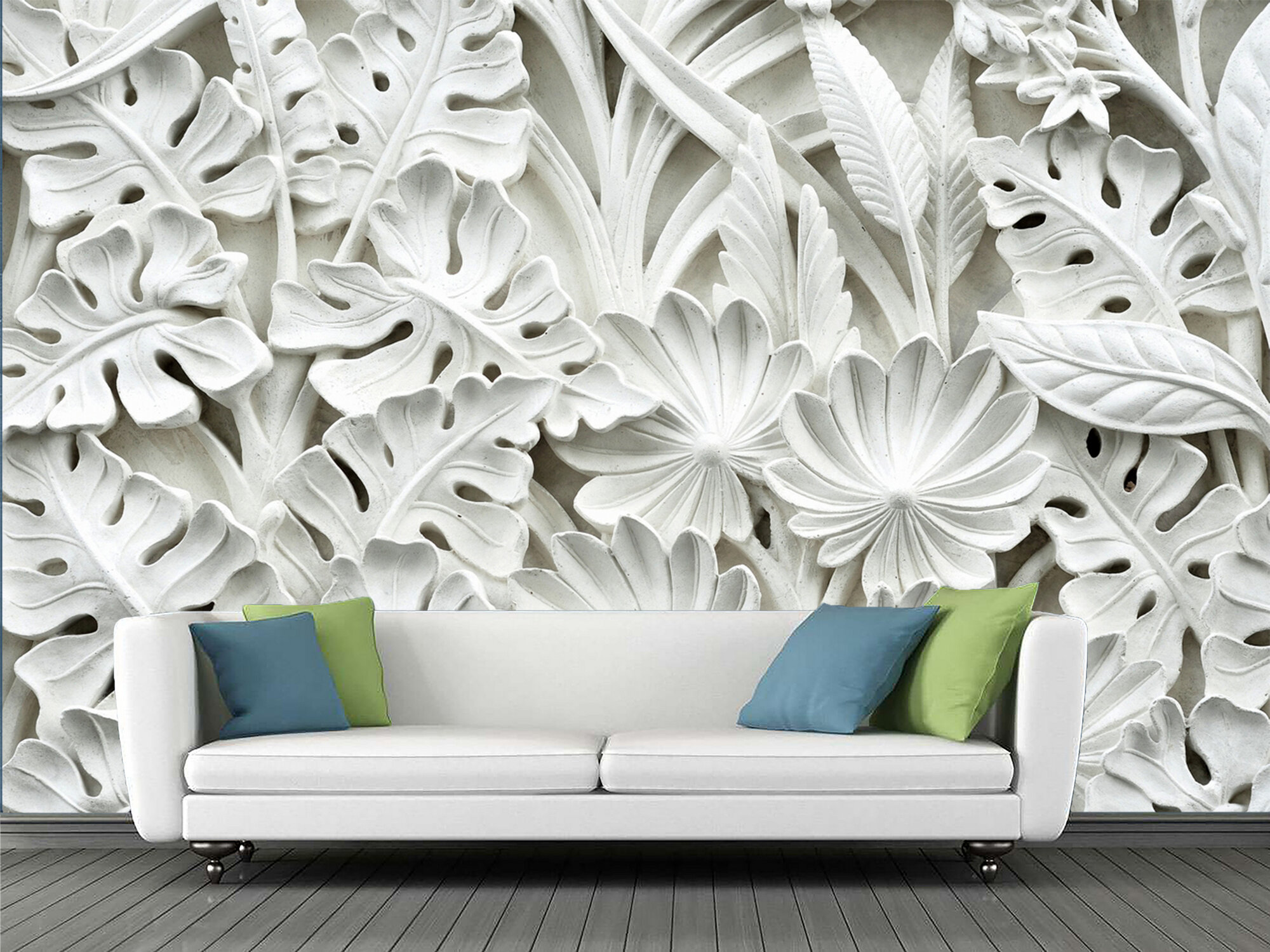 Антивандальные фотообои на стену 400х260см "Объемные листья барельеф" винил на флизелине