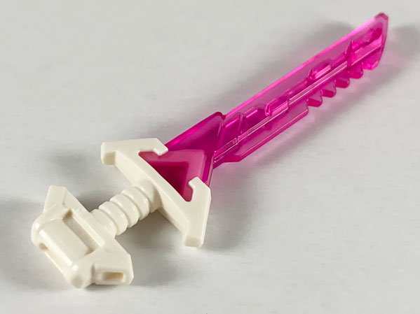 Minifigure, Weapon Sword with Wide Pommel and Molded Trans-Dark Pink Serrated Blade Pattern (Ninjago Key-Tana), 65272pb01 White U