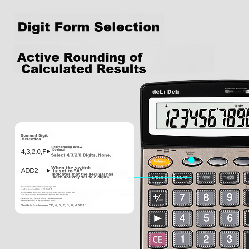 Deli 12-Digit Metal Panel Voice Calculator, Large Crystal Buttons, Large Screen Financial Calculator, Office Stationery Supplies, Large Size, Champagne Gold 1559N