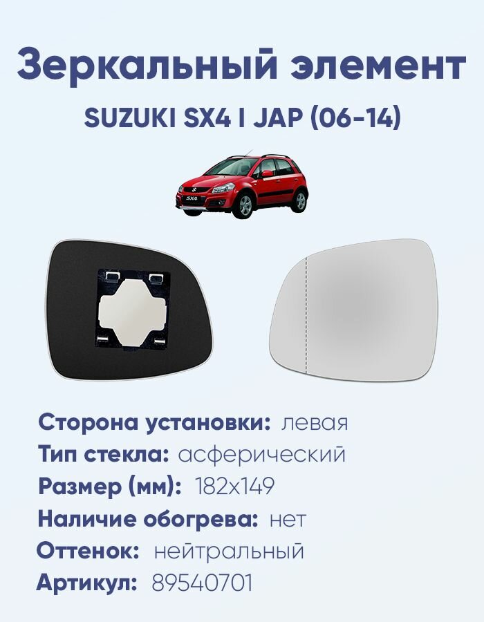 Зеркальный элемент левый SUZUKI SX4 I JAP (06-14) асферика нейтральный без обогрева