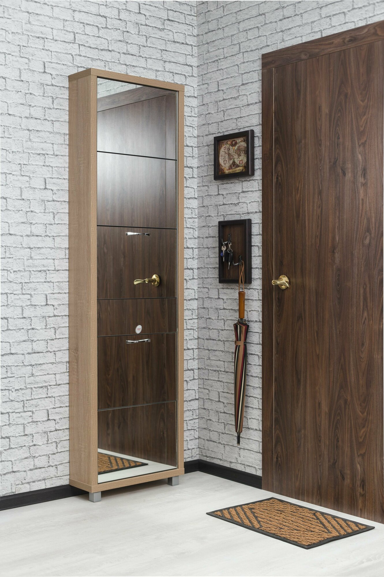 Обувница Ironnori Люкс Плюс, фасад зеркало, 5 секций плюс ящик для мелочей, цвет дуб Сонома.