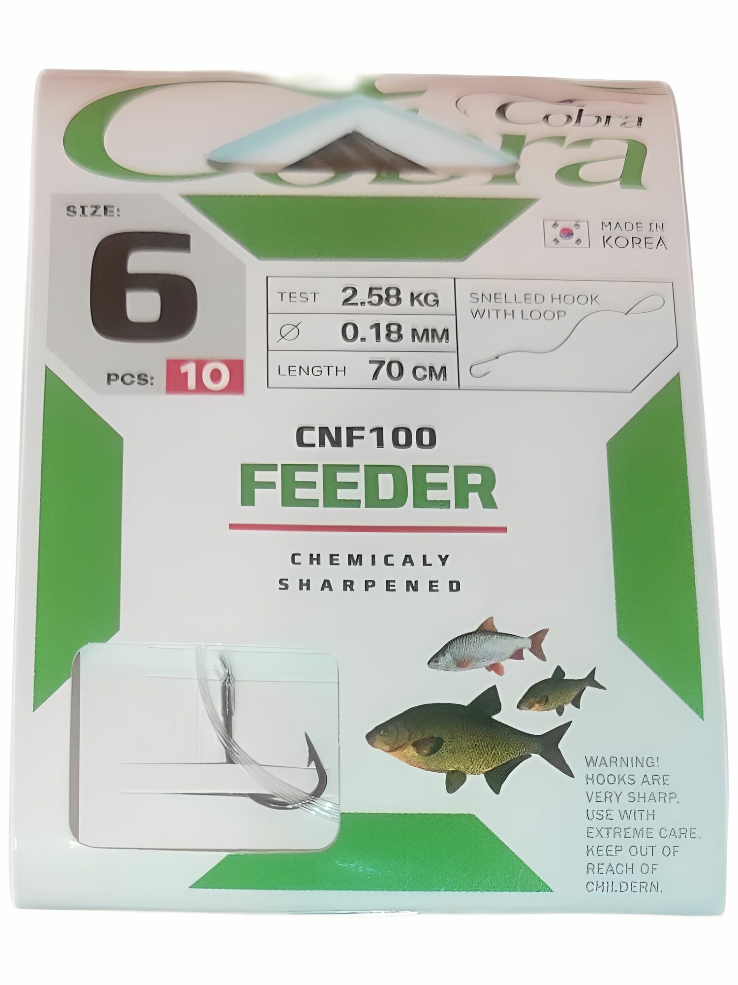 Крючки с поводком Cobra FEEDER 70cm , 0,18mm , разм.6, 10шт.