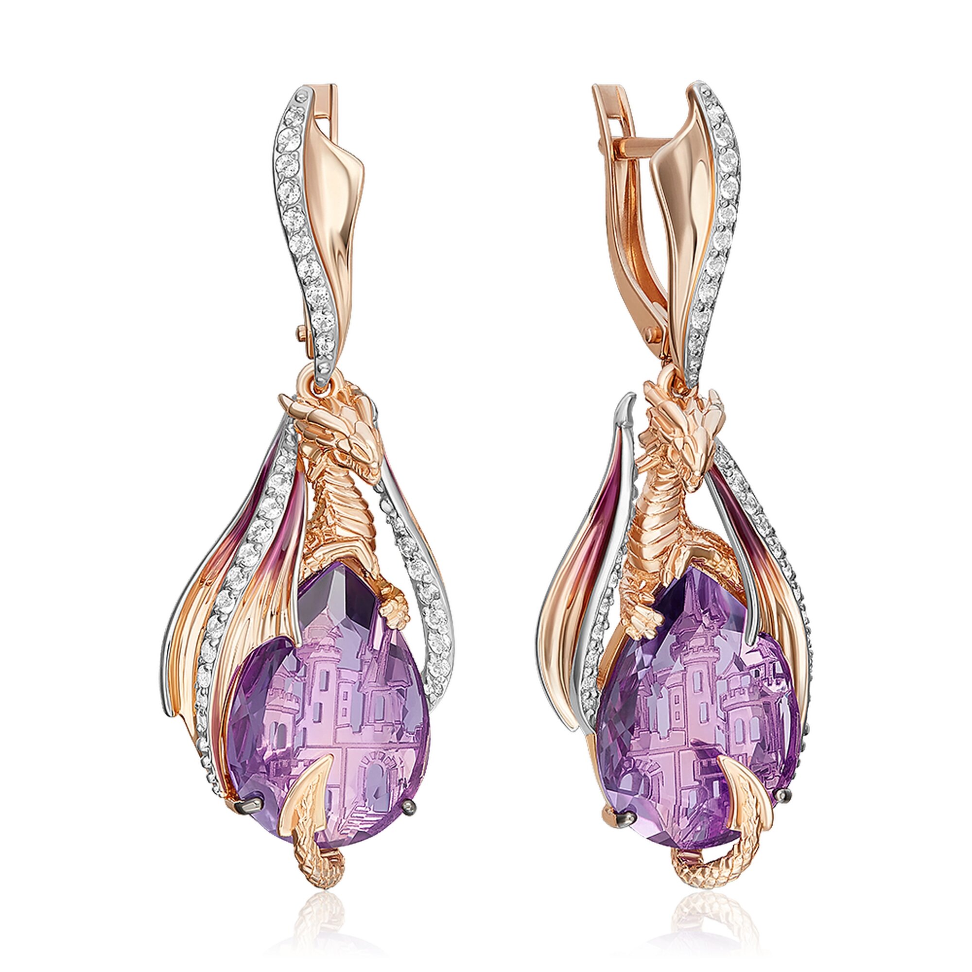Серьги, красное золото, 585 проба, эмаль, топаз, аметист