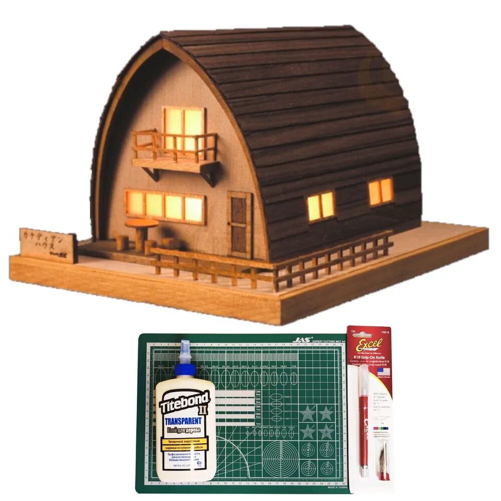 Сборная модель от Woody Joe, дом с подсветкой Canadian House, 168х134х105 мм, М.1:150, подарочный набор с инструментами и клеем