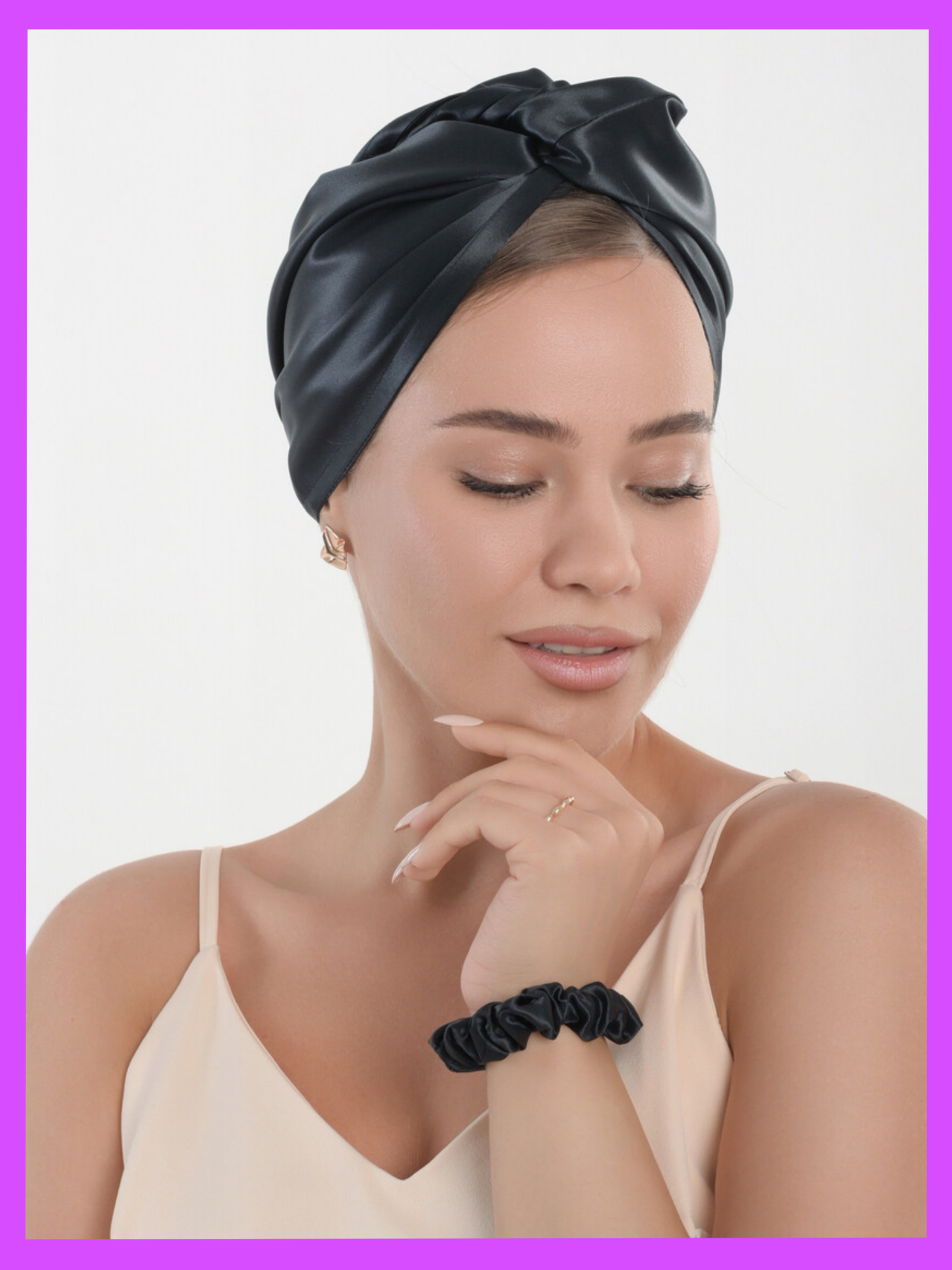 100% натуральный шёлк 22 момми/Набор: полотенце для сушки волос (тюрбан), резинка 2 см/черный цвет