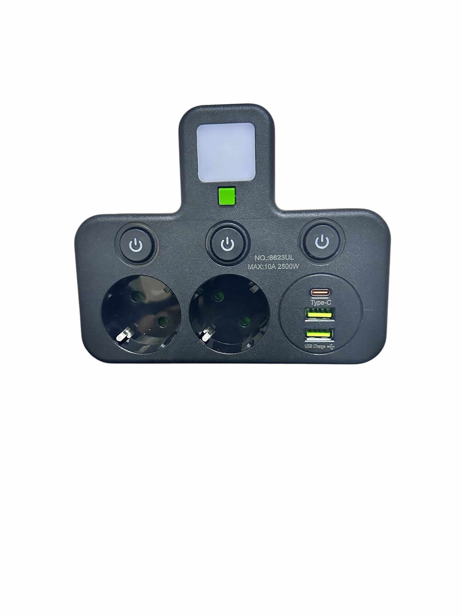 Тройник в розетку 2 гнезда с раздельными выключателями, сетевой фильтр с USB и Type-C. Разветвитель электрический с фонариком