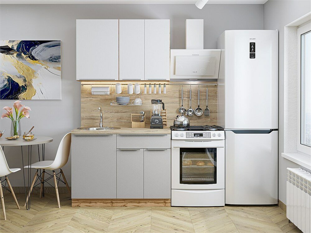 VVT Кухонный гарнитур модульный Фьюжн-05, каркас ЛДСП Дуб Вотан, фасад МДФ Silky White/Silky Light Grey, 2140*1100*600 Silky White/Silky Light Grey