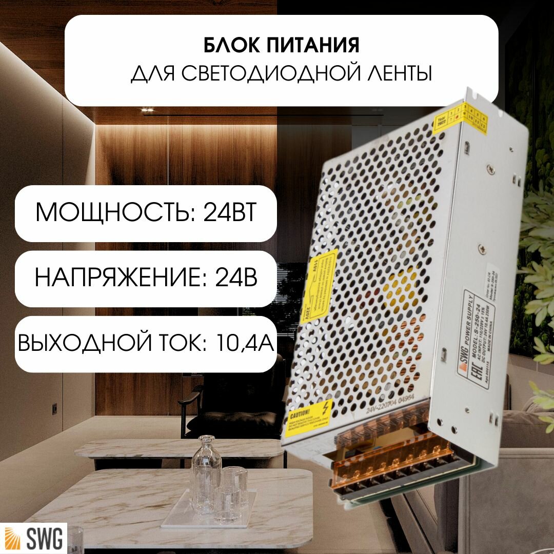 SWG узкий блок питания для светодиодной ленты компактный 250Вт 24В S-250-24
