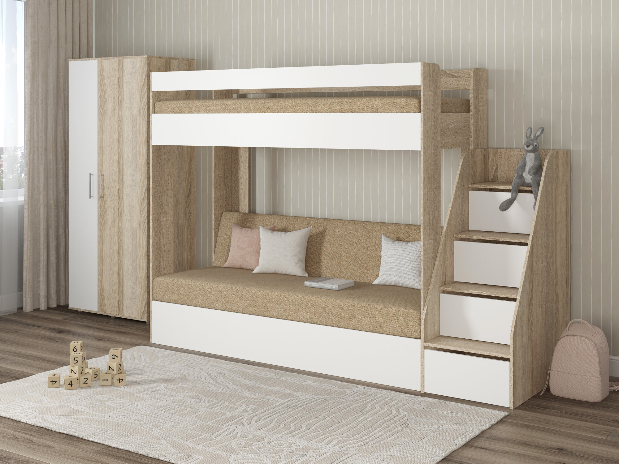 Кровать двухъярусная с диваном и лестницей-комодом Есэндвич new Лаворо (Дуб сонома/Белый/Savana plus ivory)