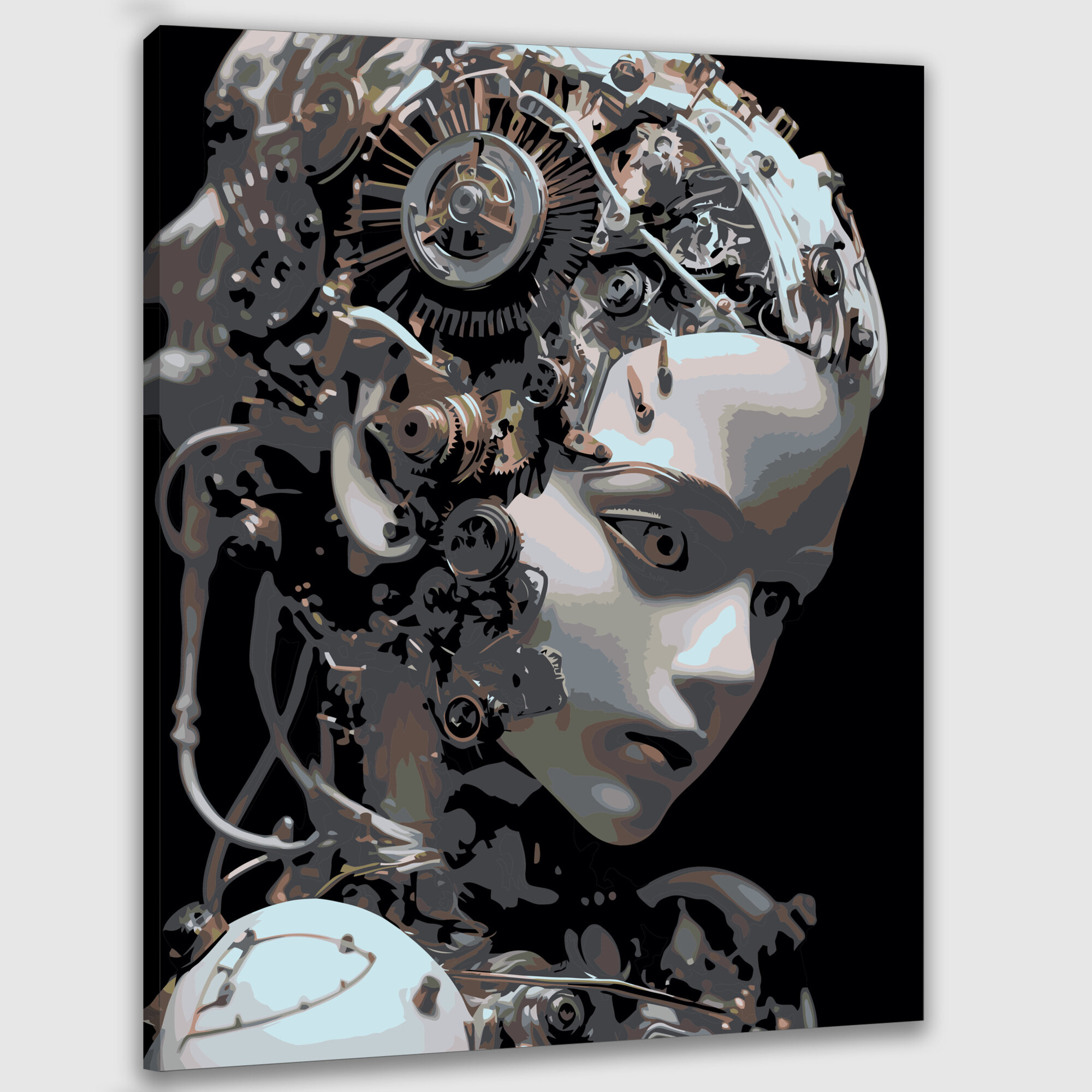 Картина по номерам 40x50 см, скульптура, кукла, механические конечности, фарфоровое лицо, переработанные материалы