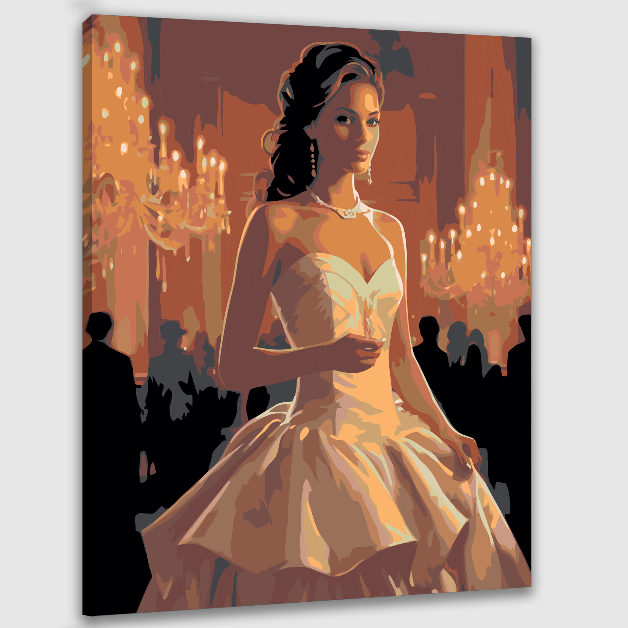 Картина по номерам 40x50 см, картина, масло, принцесса, белое бальное платье, бальный зал, люстры, зеркальные стены