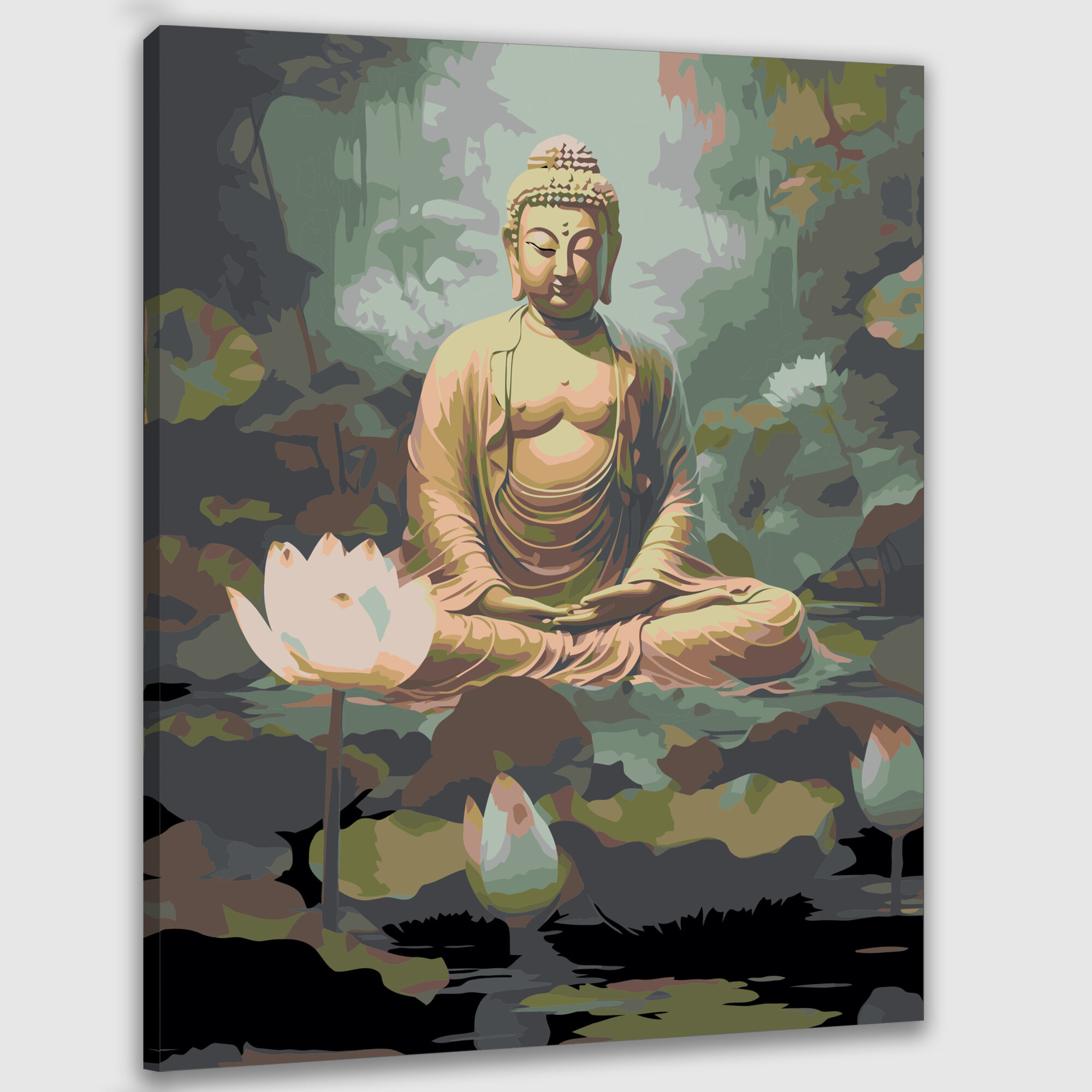 Картина по номерам 40x50 см, Будда, масло, золотистый свет, мир, умиротворение, лицо, одежда, зелень, цветы, лотос