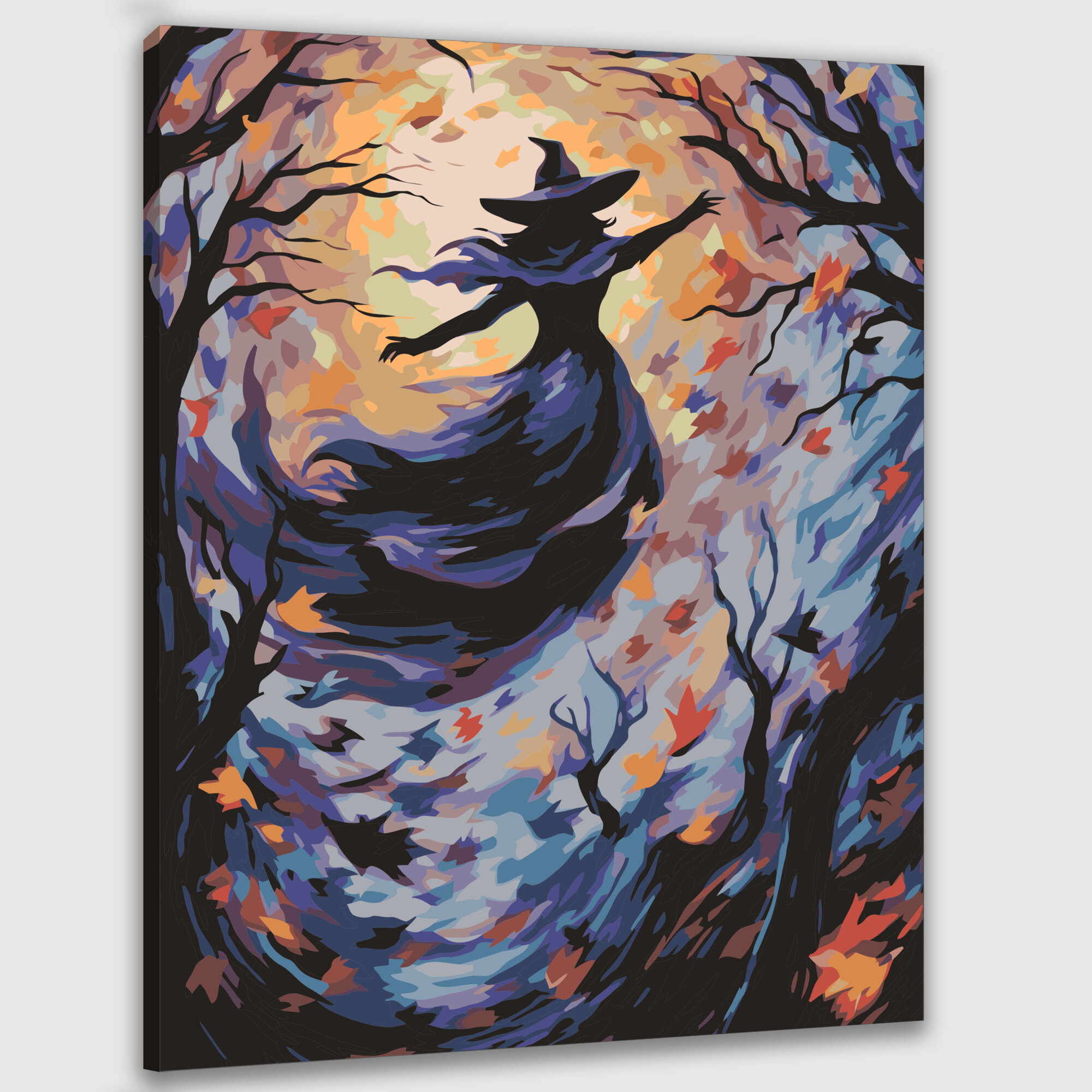 Картина по номерам 40x50 см, картина маслом, ведьма, метла, лунная ночь, темный плащ, черные деревья, пурпурные тона