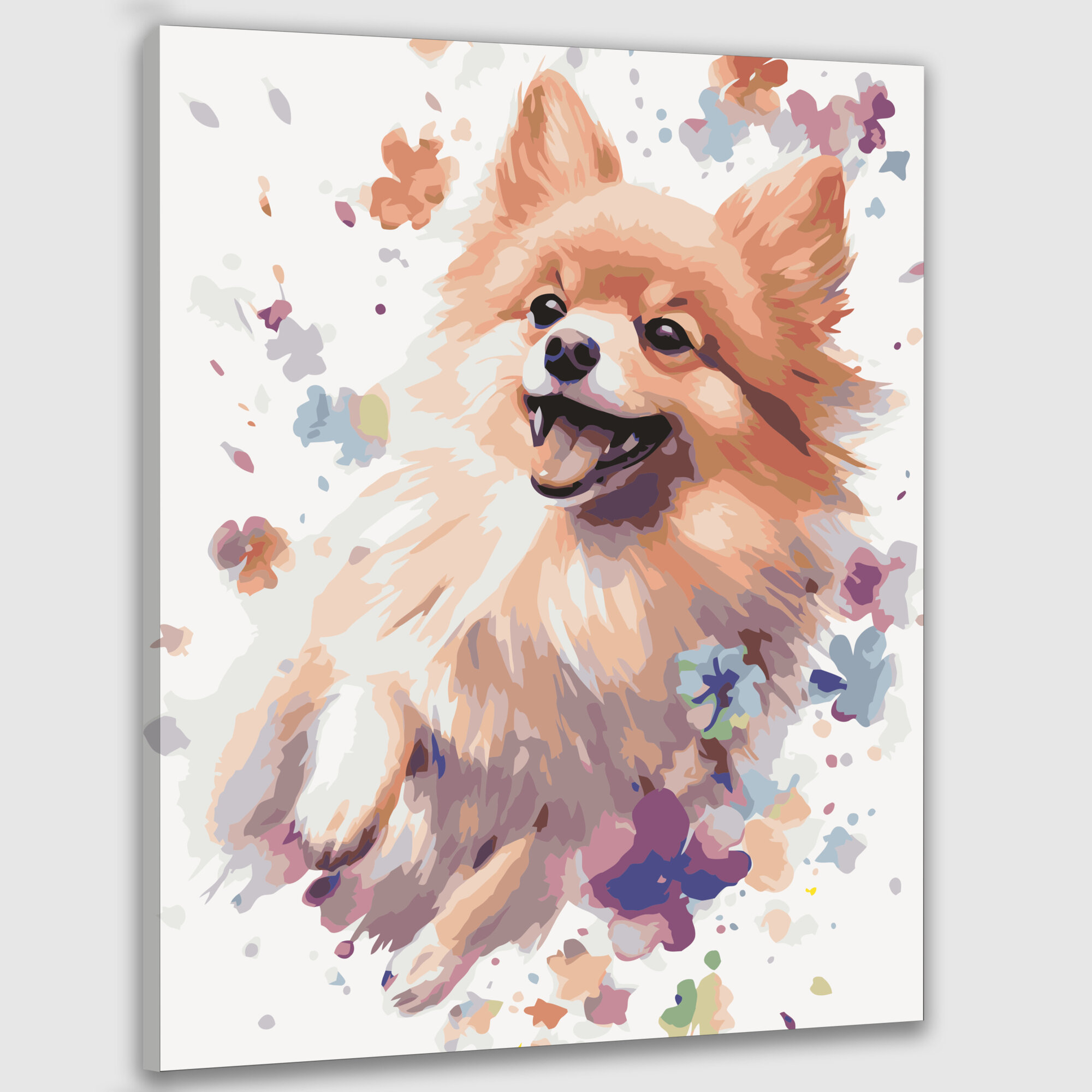 Картина по номерам 40x50 см, мечтательная иллюстрация, шпиц в воздухе, разноцветные перья, плавающие лепестки, чудо