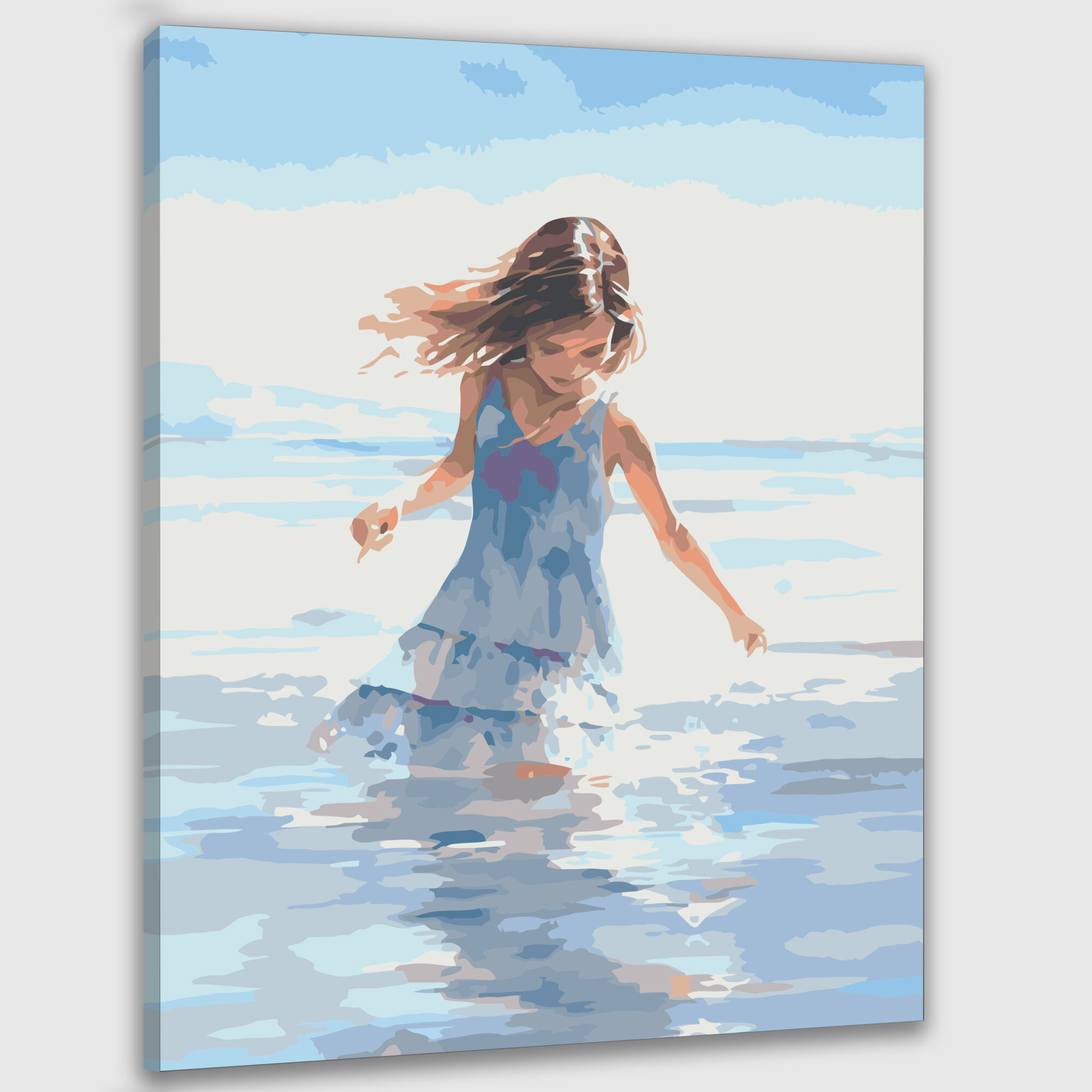 Картина по номерам 40x50 см, акварельная иллюстрация, молодая девушка, игра в море, распущенные волосы, платье