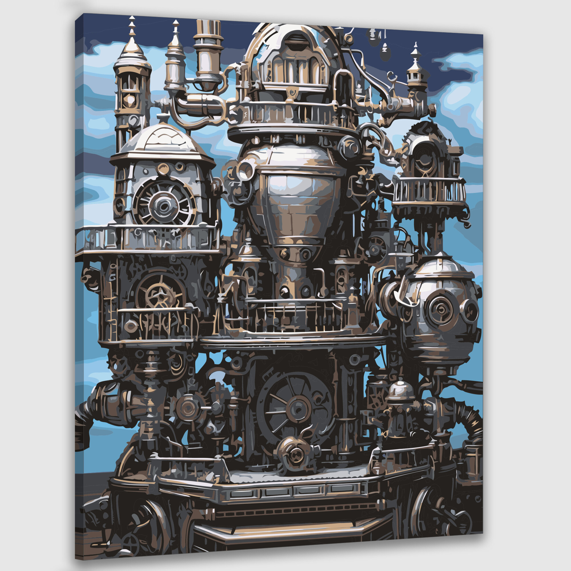 Картина по номерам 40x50 см, иллюстрация, чудо-машина, стимпанк, шестеренки, трубы, клапаны, металлическая поверхность