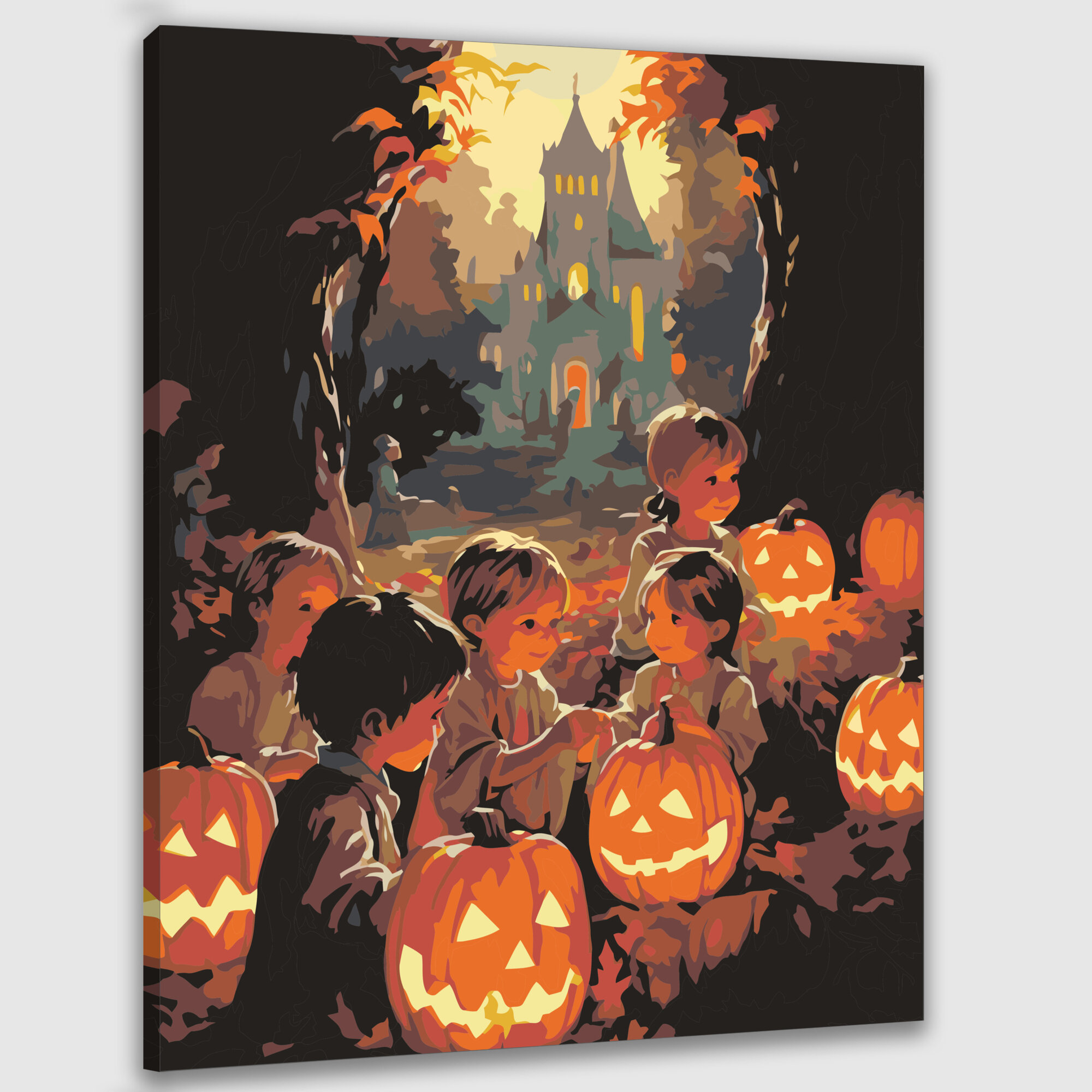 Картина по номерам 40x50 см, дети, костюмы, Хэллоуин, тыквенная грядка, свечи, сумерки, предвкушение, удивление, тени
