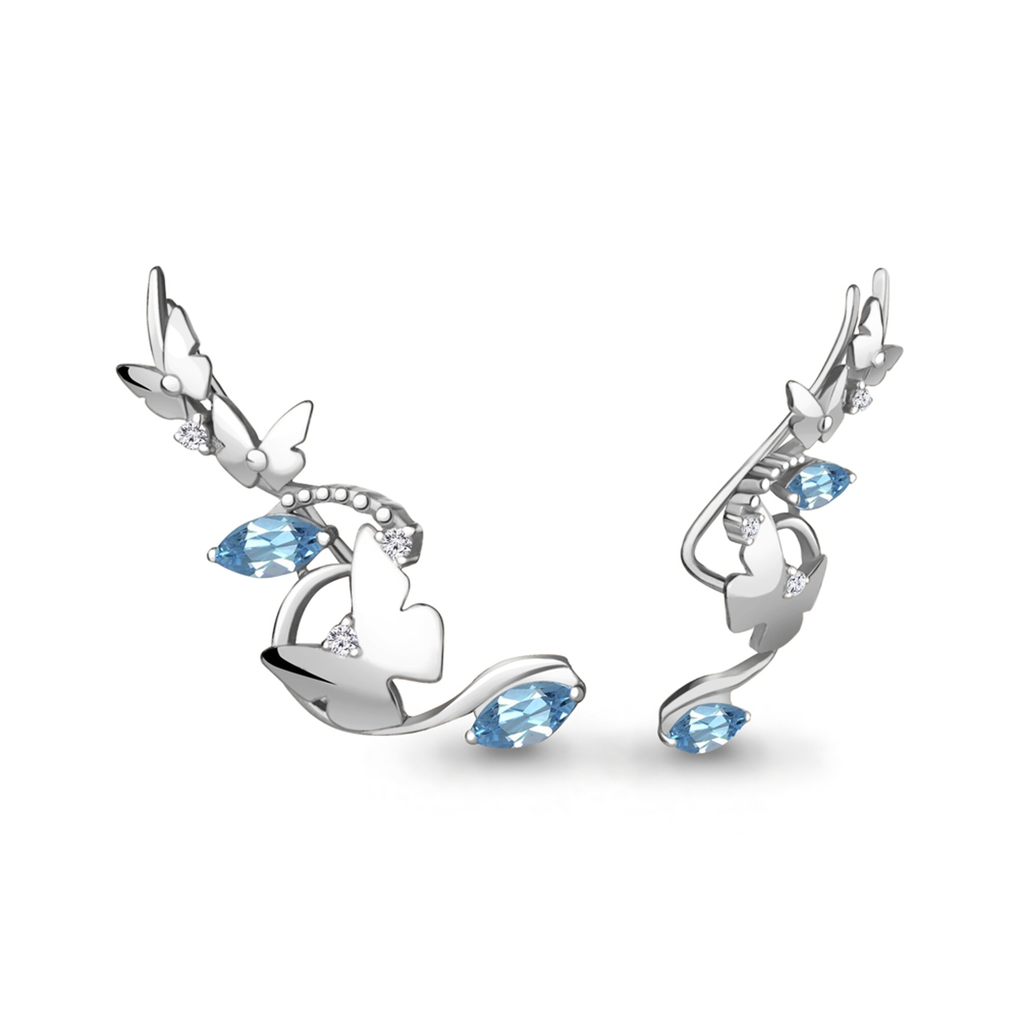 Серьги клаймберы, серебро, 925 проба, родирование, фианит, топаз