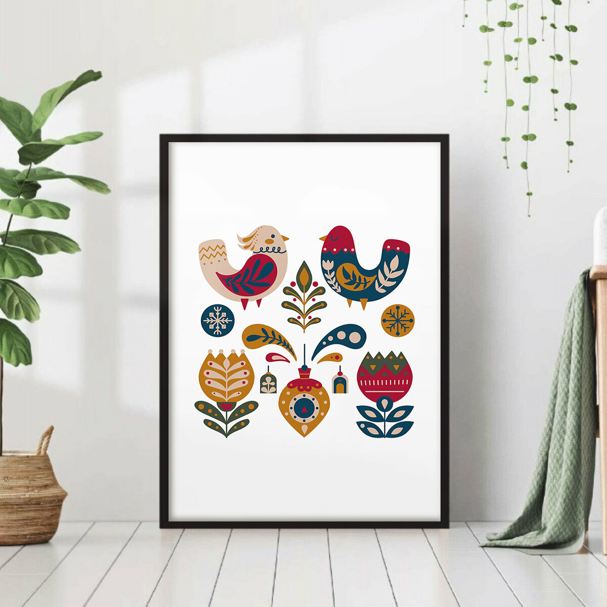 Постер "Этнический орнамент птицы хохлома" 40x50 в черной рамке на стену для интерьера