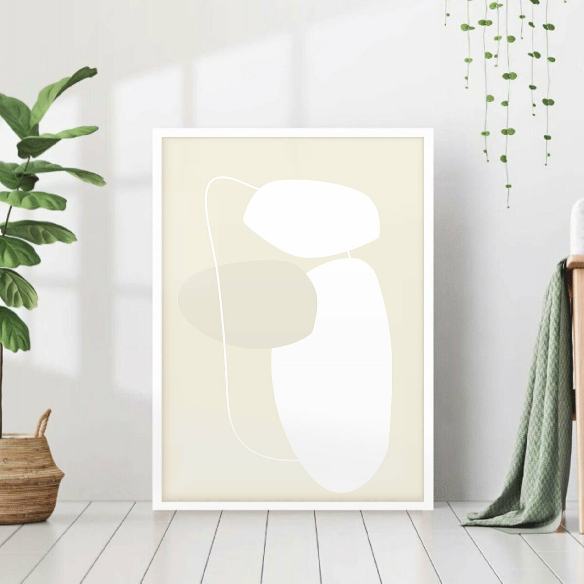 Постер "Абстрактные круги белый и бежевый" 50x70 в белой рамке на стену для интерьера