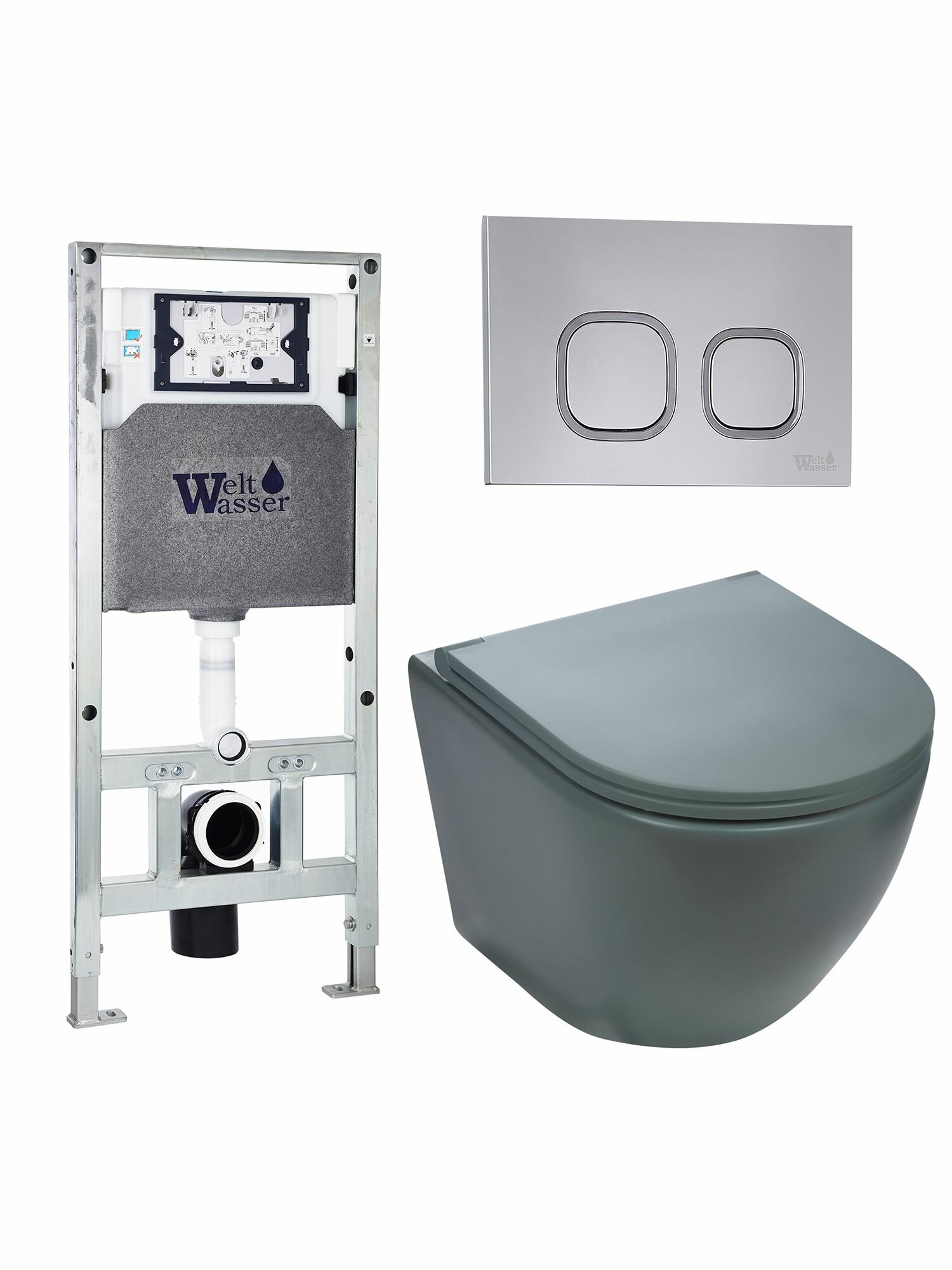 Комплект 6 в 1 WeltWasser: подвесной унитаз MERZBACH 043 MT-GR серый+кнопка смыва AMBERG RD-CR хром+инсталляция AMBERG 506 ST