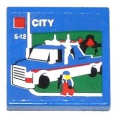 Tile 2 x 2 with Lego Tow Truck, 'CITY' and '5-12' Pattern (Sticker) - Set 60050, 3068pb0858 Blue U