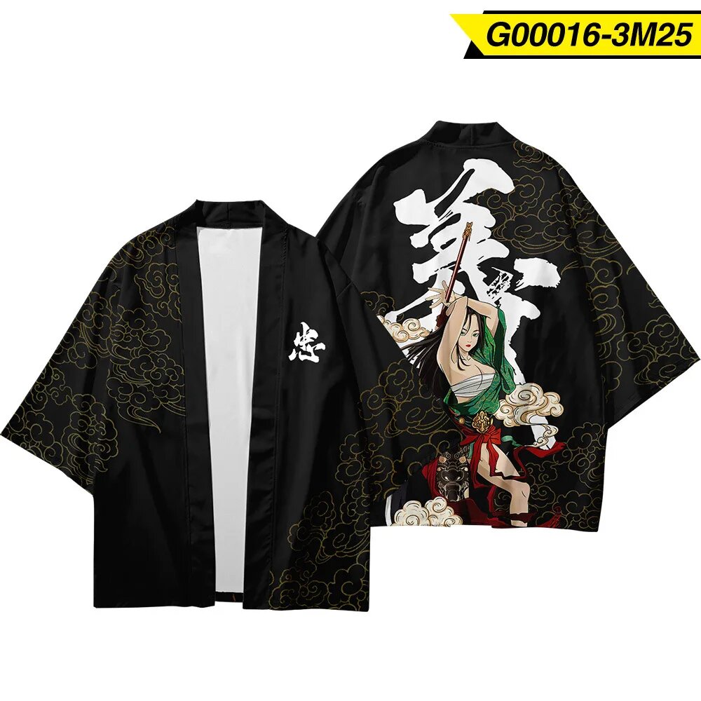 Черный кимоно с принтом, XL, G00016-tops