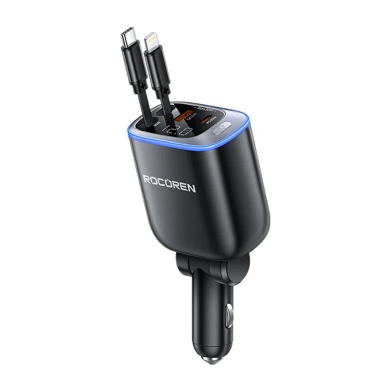 Выдвижное автомобильное зарядное устройство Rocoren 4 в 1, шнур для быстрой зарядки мобильного телефона 2C + L + A для iPhone 16 15 14 13 12 Samsung Xiaomi