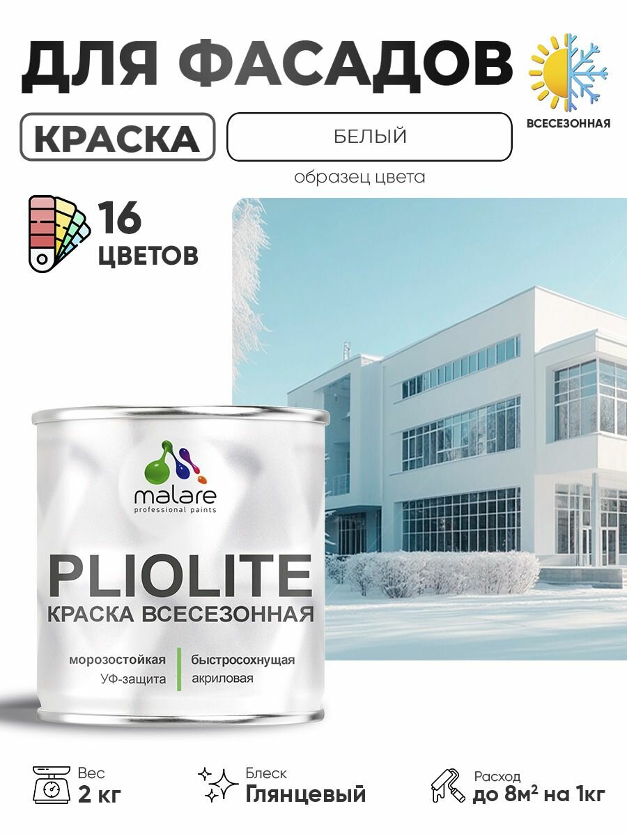 Краска-эмаль Pliolite всесезонная, зимняя, для всех типов поверхностей, антикоррозионная, RAL 9003, белый, глянцевая, 2 кг.