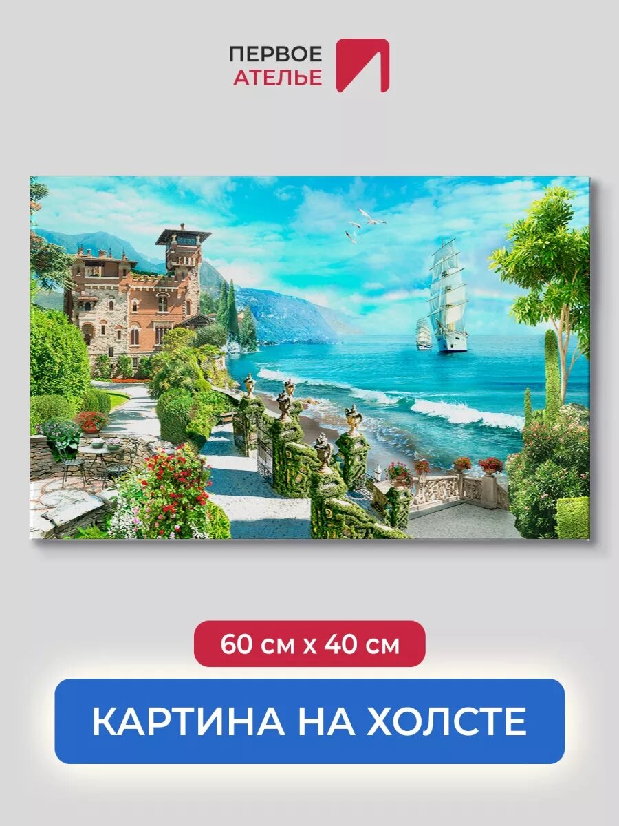Картина на стену на холсте для интерьера первое ателье "Городок у залива и парусник" 60х40 см (ШхВ), на деревянном подрамнике Premium