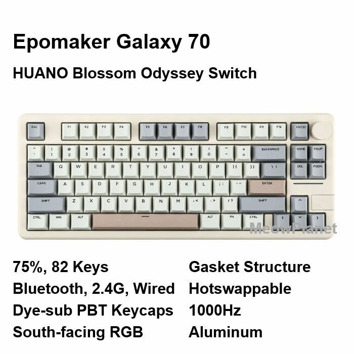 EPOMAKER Игровая клавиатура беспроводная Galaxy70, Blossom Odyssey Switch, Английская раскладка, светло-серый