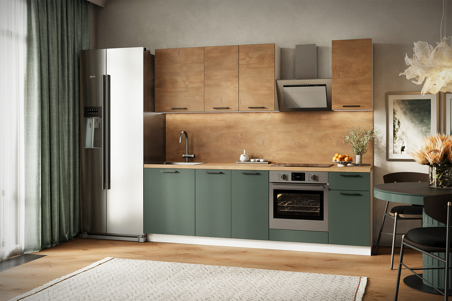 Кухонный гарнитур Hoff Сити 2,4 м, 240х210х52,6 см, белый/дуб ирландский натуральный/авокадо