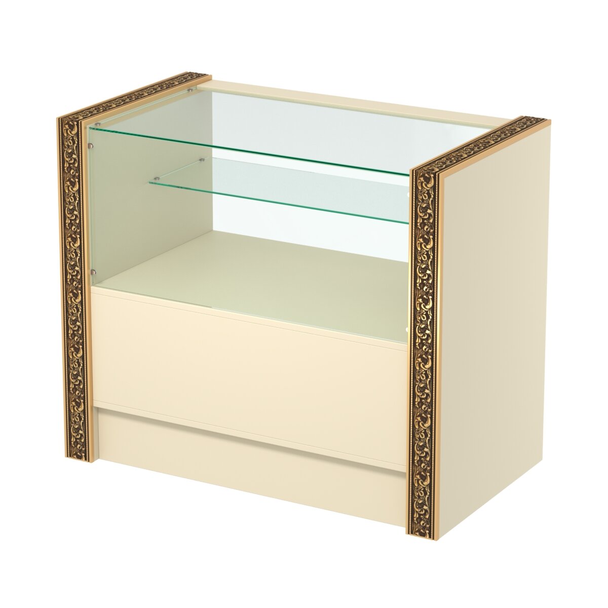 Недорогой прилавок с одной узкой полкой и декоративными молдингами №ПДМ-3-900, Крем Вайс