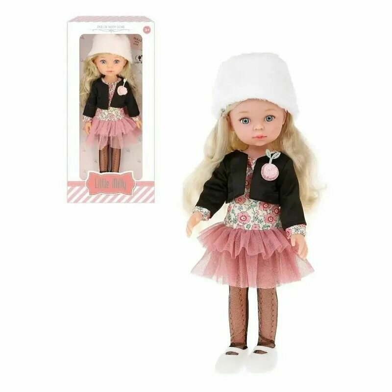 Кукла КНР блондинка в меховой белой шапочке, цветочном платье и сетчатых колготках, 33 см, в коробке