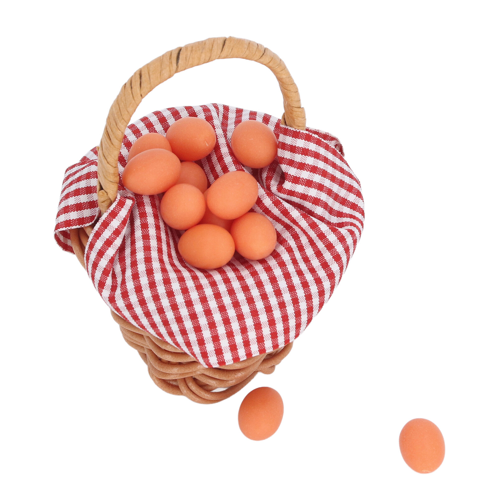 Корзинка для кукольного домика с миниатюрными яйцами, плетёная с ручками, ткань в красную клетку