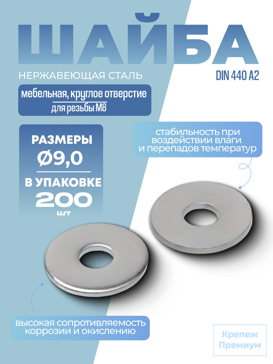 Шайба мебельная DIN 440 А2 R 9,0 в упак 200 шт увеличенная с круглым отверстием