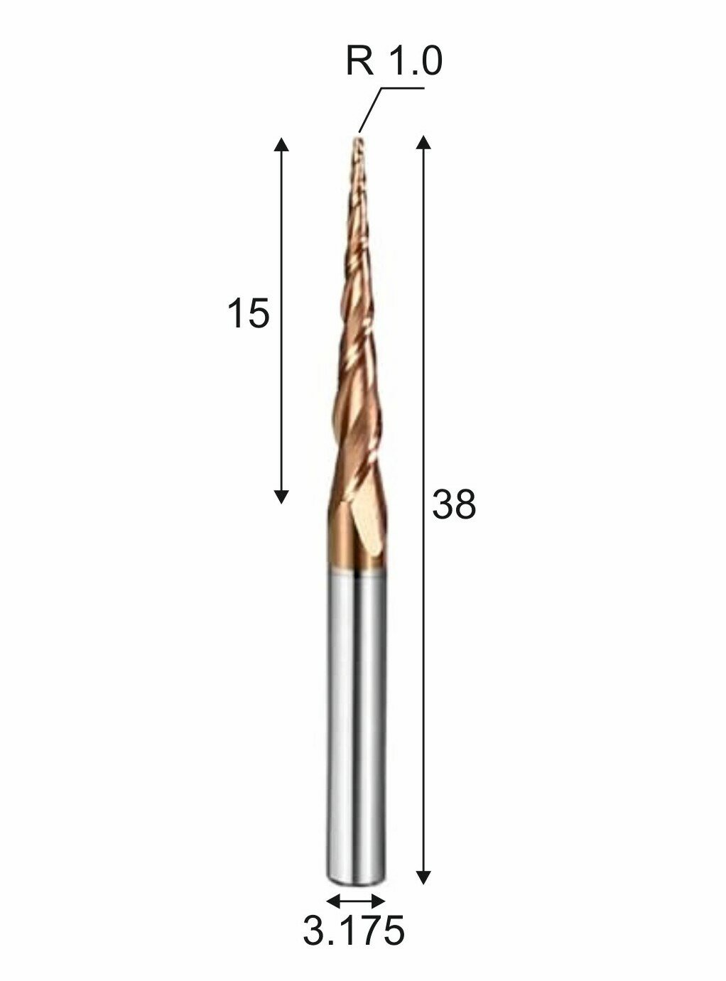 Фреза конусная двухзаходная сферическая для станков с ЧПУ R1.0х15х38х3.175