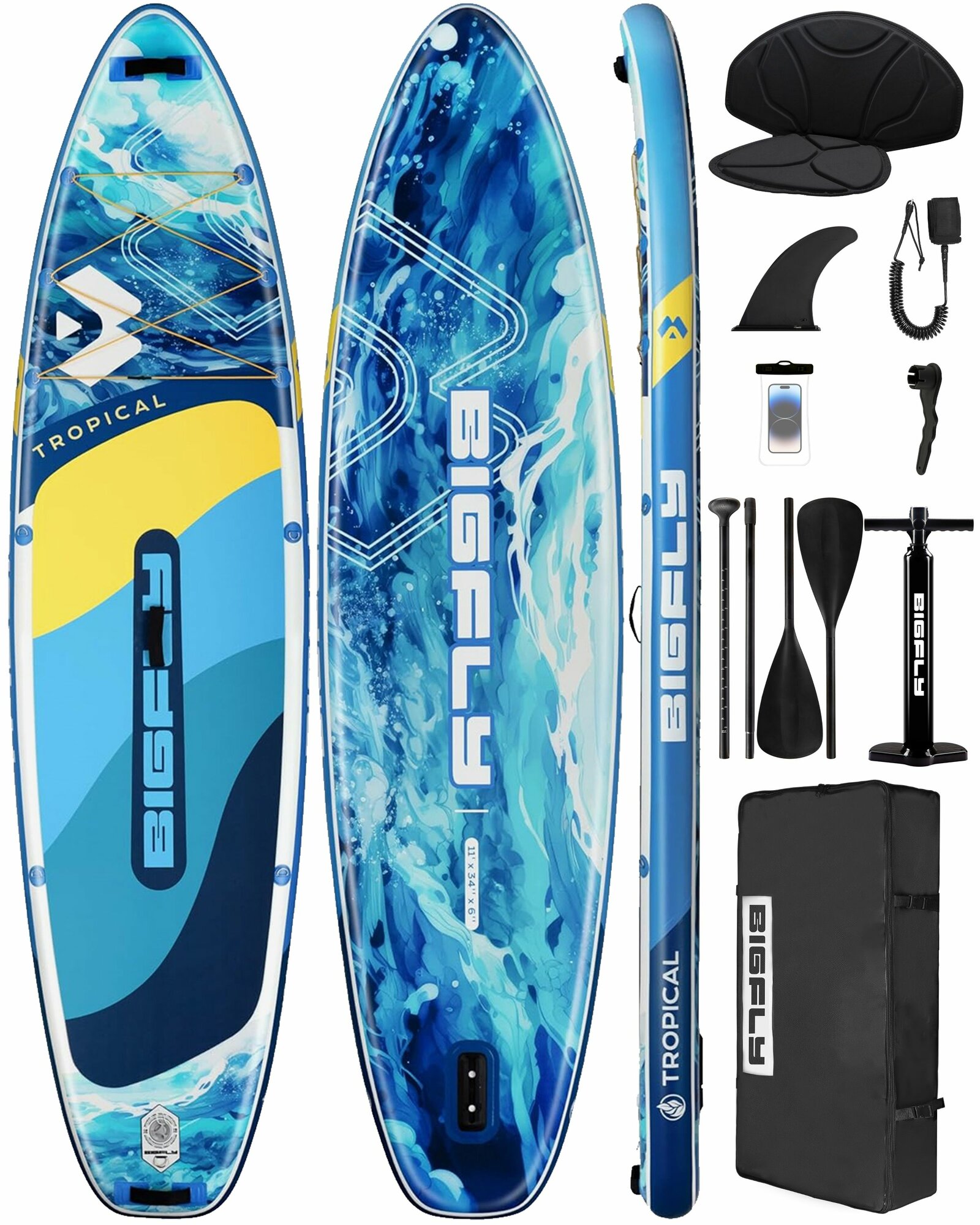 SUP-доска надувная BIGFLY TROPICAL BLUE PRO 11' (335х86х15 см) / с сиденьем в комплекте сапборд для водных приключений