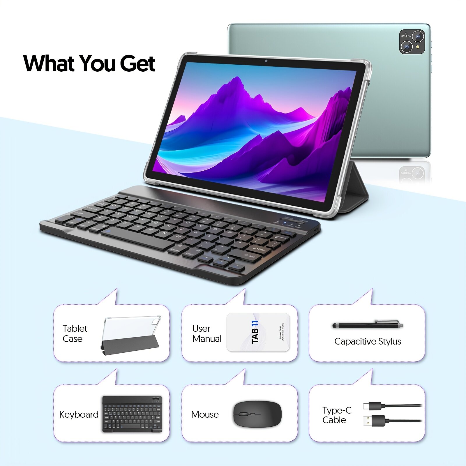 10.1 Inch Tablet Android 14 Tablets Newest, 128GB+8(4+4 Expand)GB 1TB Expand, Octa-Core CPU, 8000mAh Battery, 5G Wifi 6, 2MP+8MP Dual Camera, 1280x800 FHD IPS, Tablets With Keyboard, Mouse, Case