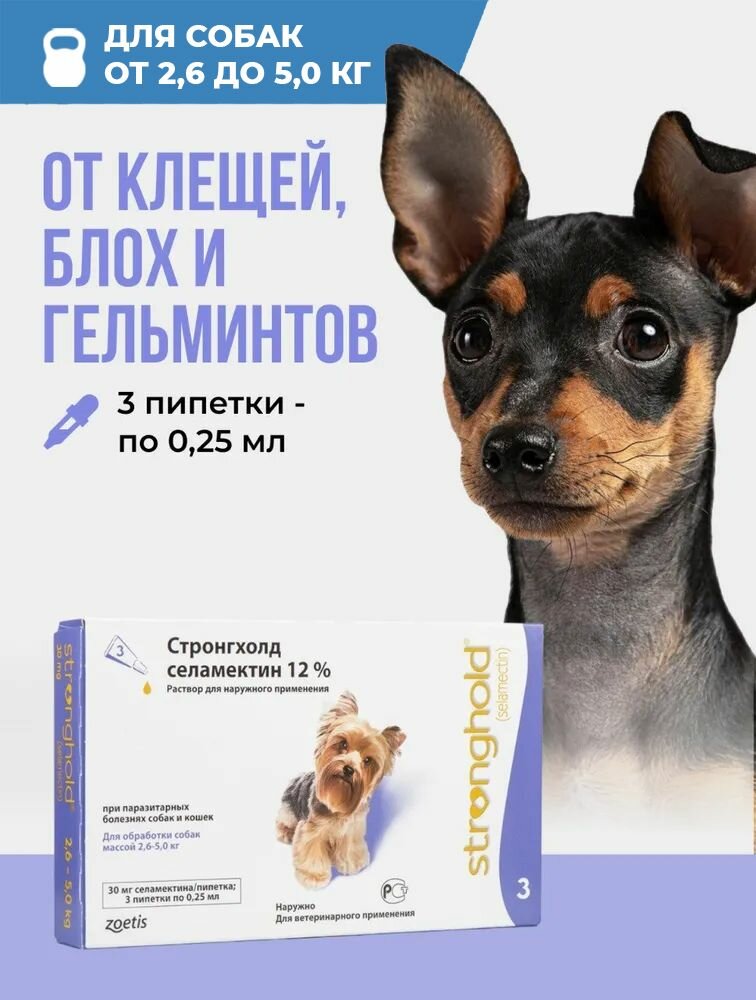 Стронгхолд 12%, 0,25 мл*3 пип для собак 2,6 - 5 кг (30 мг.) От клещей, блох, гельминтов