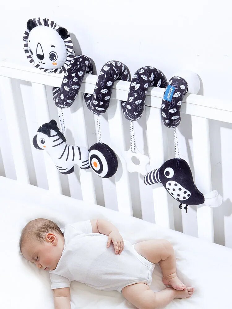 Для новорожденного 0+ на кроватку, люльку, толкать тележку. Мягкая игрушка, грызунок прорезыватель, Черно-белая погремушка