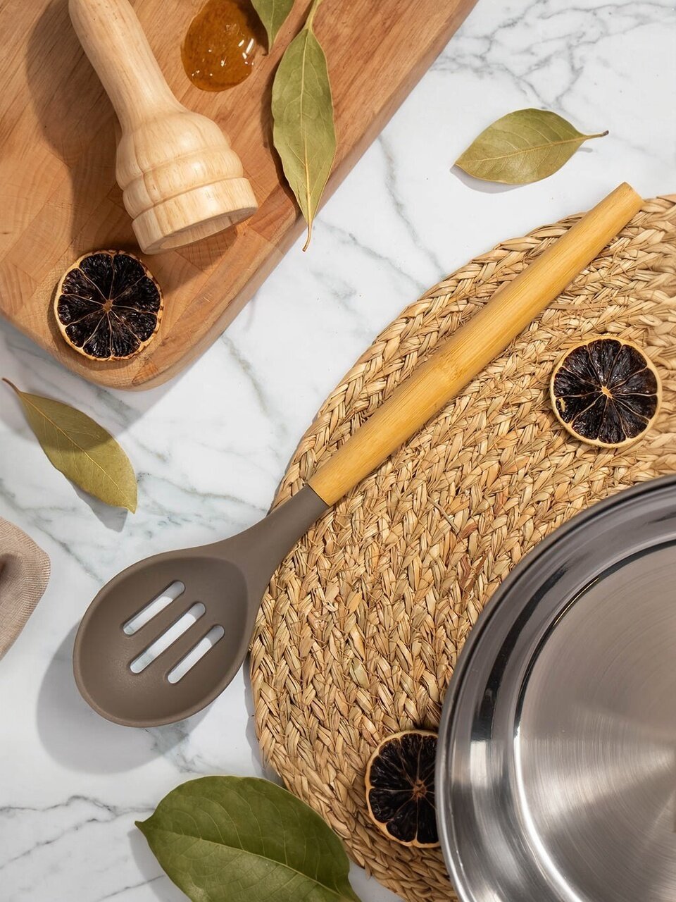 Ложка поварская силикон, с прорезями, навеска, Daniks, Elite Wood, CL04732BC14