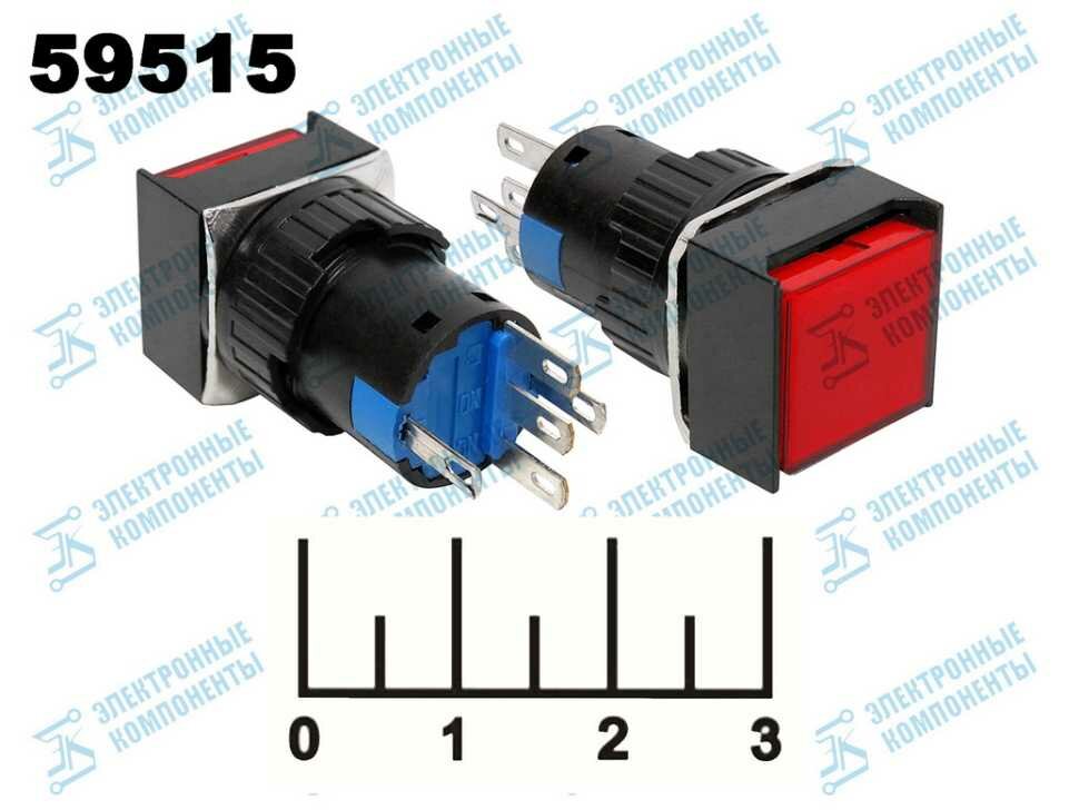Кнопка 250/3 AL6-A красная квадратная без фиксации 5 контактов (подсветка 12V)